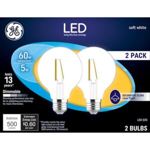 ge led light bulbs, 60 watt, soft white, g25 globe bulbs, clear, medium base (2 pack)