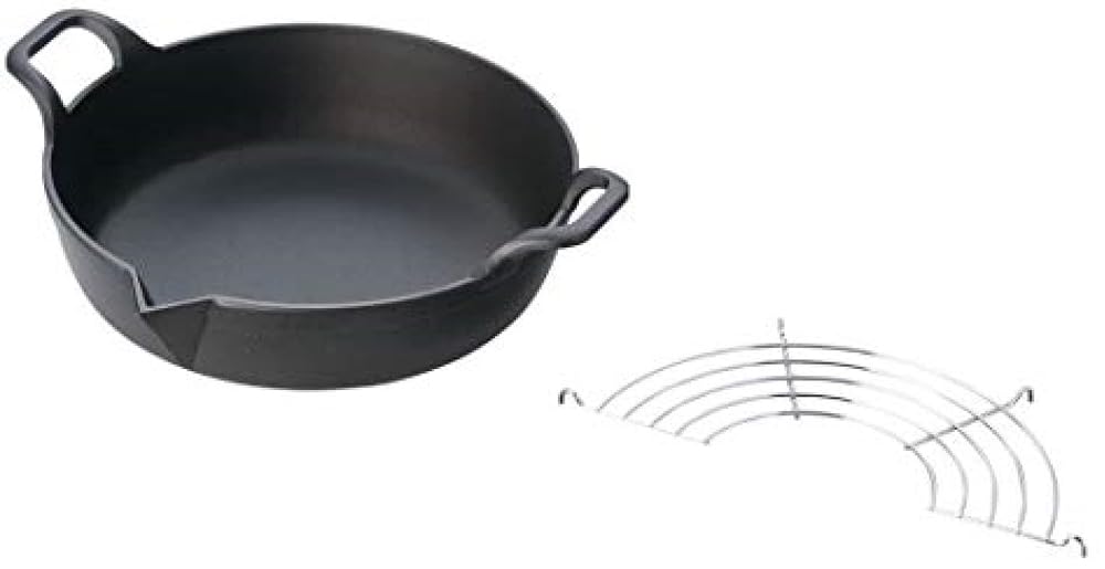 Iwachi 25101 Tempura Pot, Black, Inner Diameter 9.4 inches (24 cm), Nambu Ironware Tempura Pot, Flat Bottom 9.8 inches (25 cm)