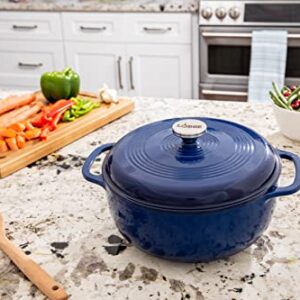 Lodge 6 Quart Enameled Cast Iron Dutch Oven with Lid – Dual Handles – Oven Safe up to 500° F or on Stovetop - Use to Marinate, Cook, Bake, Refrigerate and Serve – Indigo