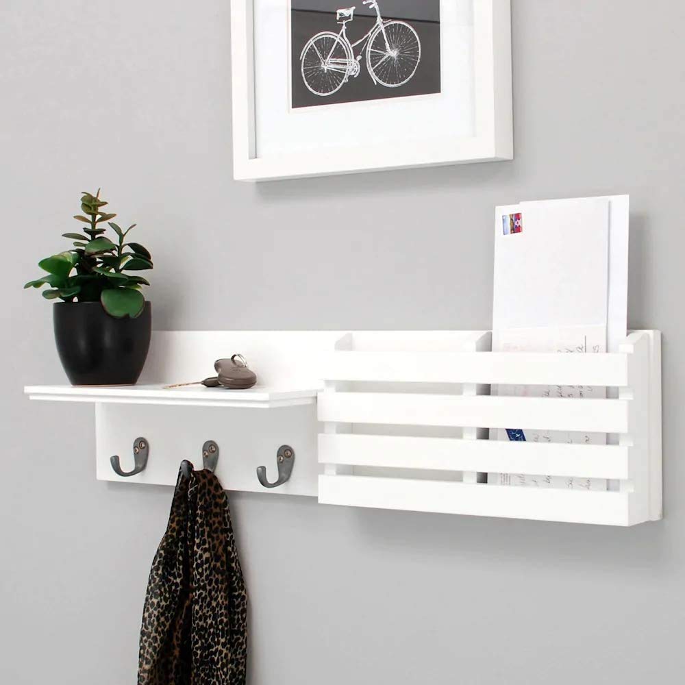 Mail Holder Organizer 3 Hooks Key Holder Wall Shelf White 24''x 6''