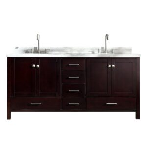 ariel cambridge 73" espresso double oval sink bathroom vanity, 4 soft-closing doors, 6 full extension dove-tail construction drawers, carrara white marble countertop