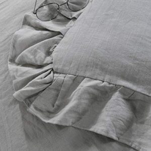 meadow park 100% Stone Washed French Linen Duvet Cover Set 3 Pieces, Full/Queen 90 inches x 92 inches, Shams 20 inches x 26 inches, Ruffled Style, Button Closure, Corner Ties, Super Soft, Grey Color