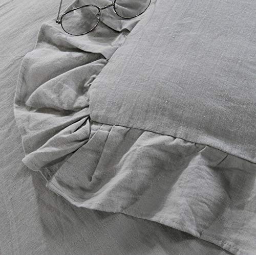 meadow park 100% Stone Washed French Linen Duvet Cover Set 3 Pieces, Full/Queen 90 inches x 92 inches, Shams 20 inches x 26 inches, Ruffled Style, Button Closure, Corner Ties, Super Soft, Grey Color