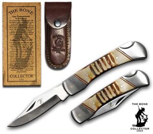 bone collector 8.5" the lock back pocket folding knife authentic bone handle with leather sheath lockback camping fishing