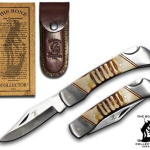 Bone Collector 8.5" The Lock Back Pocket Folding Knife Authentic Bone Handle with Leather Sheath Lockback Camping Fishing