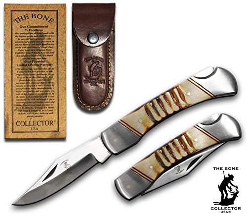 Bone Collector 8.5" The Lock Back Pocket Folding Knife Authentic Bone Handle with Leather Sheath Lockback Camping Fishing