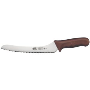 winco 9" commercial-grade serrated bread/pastry knife with offset handle, brown