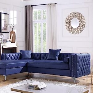 Iconic Home Da Vinci Right Hand Facing Sectional Sofa L Shape Chaise PU Leather Button Tufted with Silver Nailhead Trim Silvertone Metal Leg with 3 Accent Pillows, Modern Contemporary, Navy