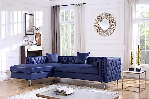 Iconic Home Da Vinci Right Hand Facing Sectional Sofa L Shape Chaise PU Leather Button Tufted with Silver Nailhead Trim Silvertone Metal Leg with 3 Accent Pillows, Modern Contemporary, Navy