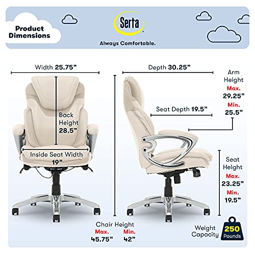 Serta AIR Health and Wellness Executive Office Chair, High Back Big and Tall Ergonomic for Lumber Support Task Swivel, Bonded Leather, Comfortable Cream