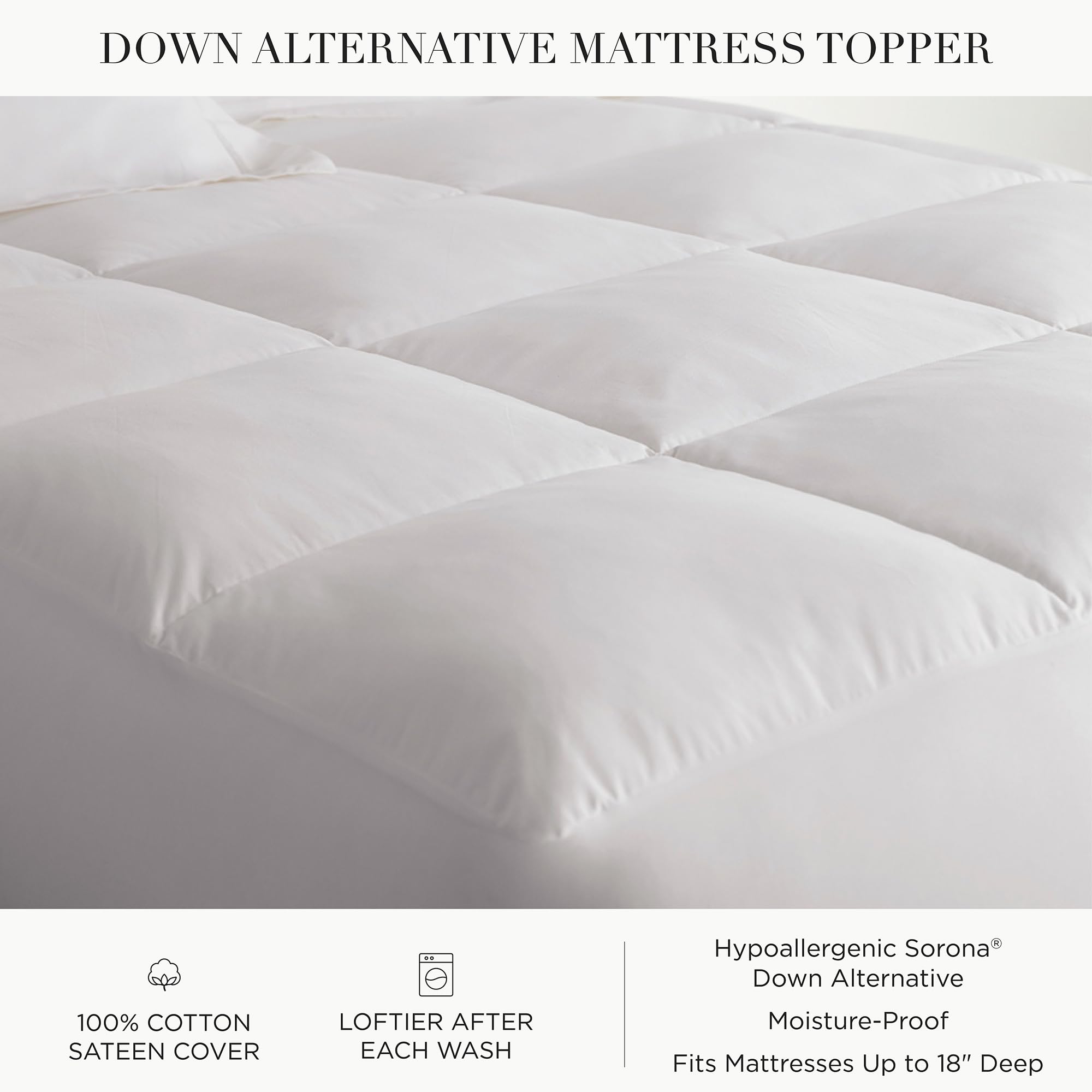 Peacock Alley Down Alternative Mattress Topper Enhancer – 100% Hypoallergenic Mattress Cover, 3" Plush Bed Topper with Soft Quilted Top and 400 Thread Count Cotton Sateen Cover - Queen (White)