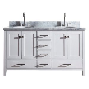 ariel cambridge a061d-vo-wht 61" inch double oval sink solid wood white bathroom vanity with 1.5" inch edge carrara marble countertop