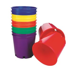 s&s worldwide large stacking buckets. includes 12 plastic buckets, 2 each in 6 colors. 8" h x 8-1/2" top diameter. use for storage, toss targets or speed stacking games.