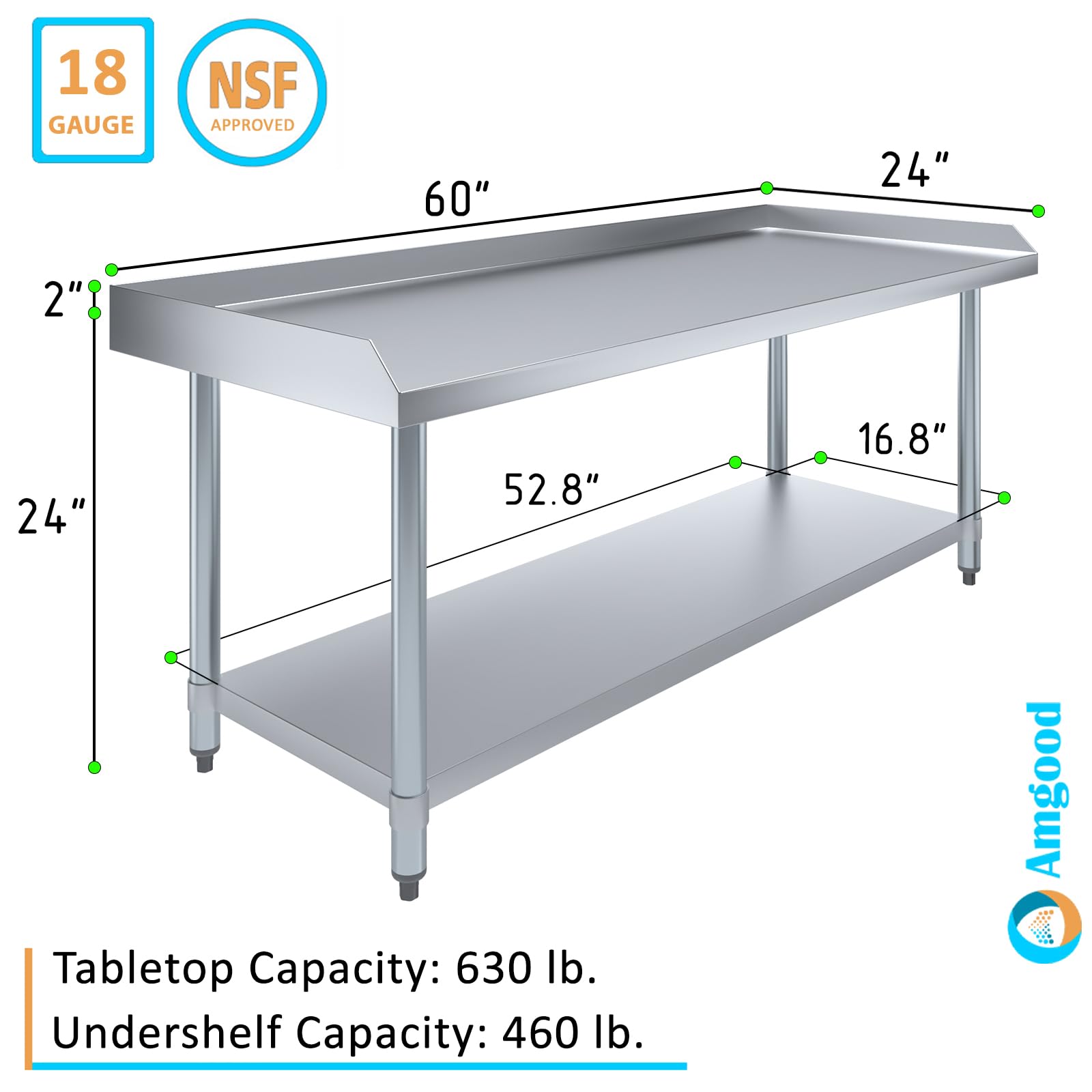 AmGood Stainless Steel Equipment Stand - Heavy Duty, Commercial Grade, with Undershelf, NSF Certified (24" Width x 60" Length)