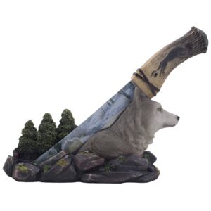 decorative gray wolf hunting knife on display stand with stainless steel blade for rustic cabin & lodge decor as shelf, mantel or desk decorations or gifts for hunters and outdoorsmen