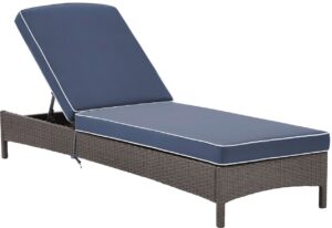 crosley furniture palm harbor reclining wicker outdoor chaise lounge chair for patio, deck, poolside, gray with navy cushions