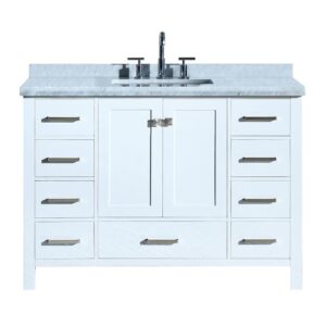 ariel cambridge a049scwrvowht 49" inch single rectangular sink solid wood white bathroom vanity with 1.5" inch edge carrara marble countertop