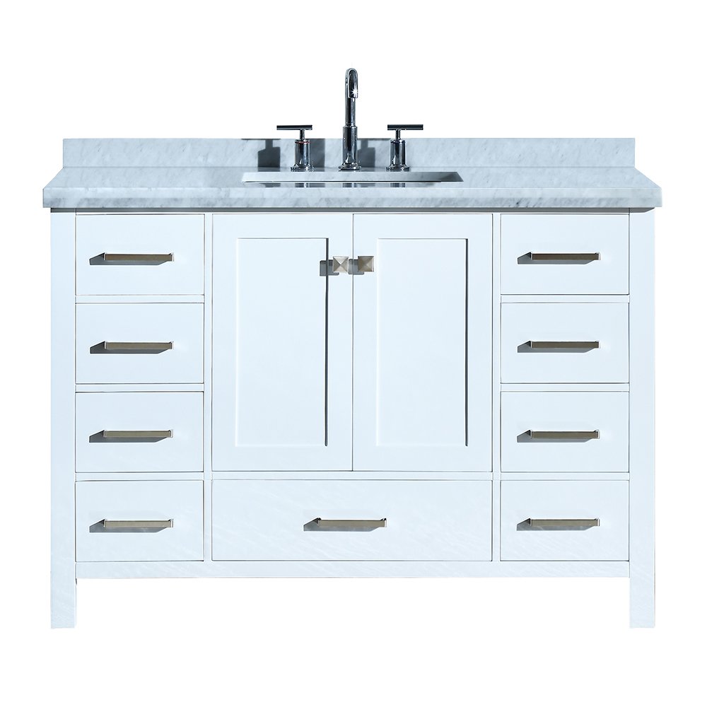 ARIEL Cambridge A049SCWRVOWHT 49" Inch Single Rectangular Sink Solid Wood White Bathroom Vanity with 1.5" Inch Edge Carrara Marble Countertop