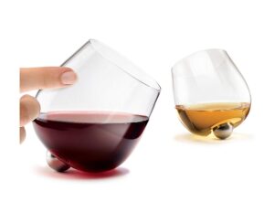 aura glass 14oz stemless aerating wine glasses (set of 2) - no spill glass tumblers for red or white wines that spin on a stainless steel ball, coasters sold separately, made in usa