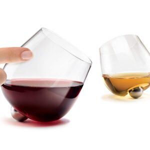 Aura Glass 14oz Stemless Aerating Wine Glasses (Set of 2) - No Spill Glass Tumblers for Red or White Wines that spin on a stainless steel ball, Coasters sold separately, Made in USA