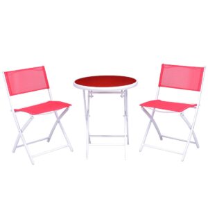 Giantex Bistro Table Set, 3 Piece Patio Bistro Set, Outdoor Folding Table and Chairs, Foldable Patio Dining Set, Porch Furniture Set Garden Backyard Metal Frame No Assembly, Red