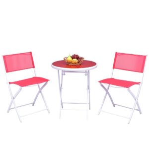 giantex bistro table set, 3 piece patio bistro set, outdoor folding table and chairs, foldable patio dining set, porch furniture set garden backyard metal frame no assembly, red