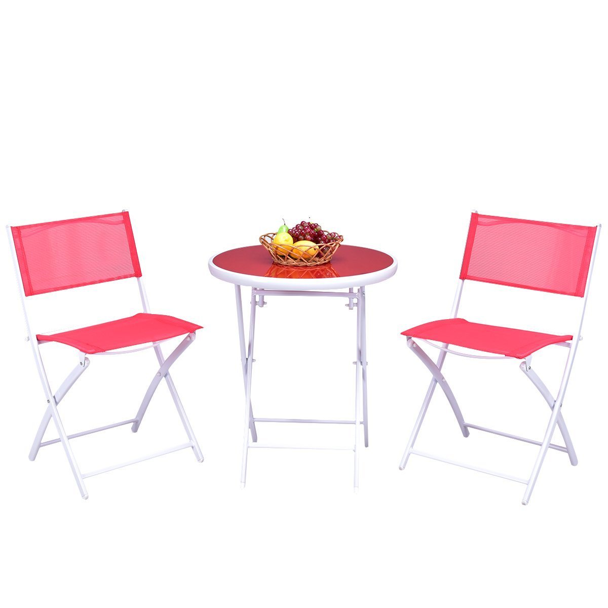 Giantex Bistro Table Set, 3 Piece Patio Bistro Set, Outdoor Folding Table and Chairs, Foldable Patio Dining Set, Porch Furniture Set Garden Backyard Metal Frame No Assembly, Red