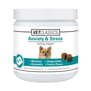 vet classics anxiety & stress dog supplement – helps reduce dog stress – includes botanicals for calming dog behavior, pet nervousness – melatonin, chamomile, ginkgo biloba – soft chews 120 ct.