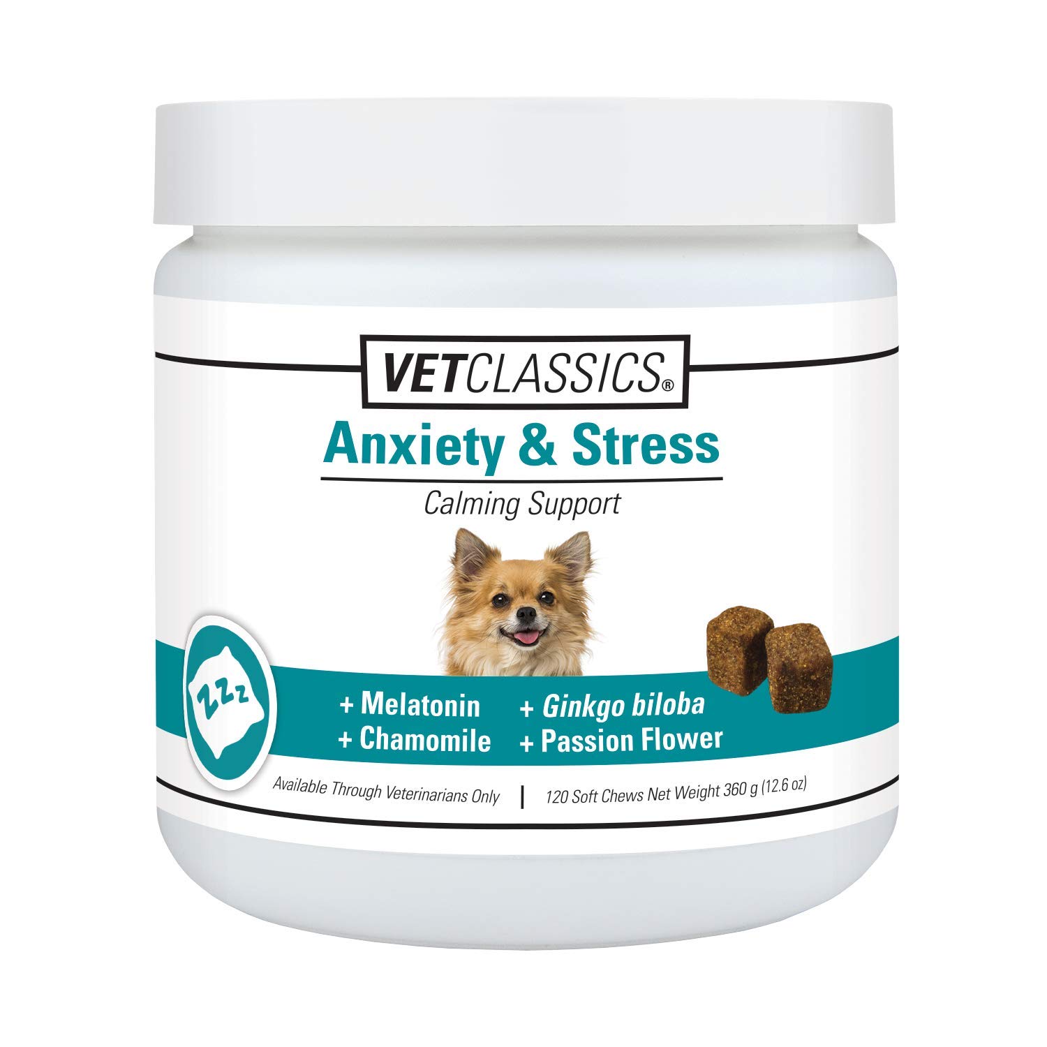 Vet Classics Anxiety & Stress Dog Supplement – Helps Reduce Dog Stress – Includes Botanicals for Calming Dog Behavior, Pet Nervousness – Melatonin, Chamomile, Ginkgo Biloba – Soft Chews 120 Ct.