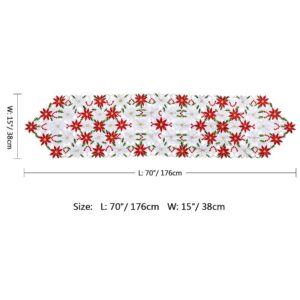 OurWarm Christmas Embroidered Table Runners Poinsettia Holly Leaf Table Linens for Christmas Decorations 15 x 70 Inch