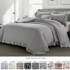 meadow park 100% Stone Washed French Linen Duvet Cover Set 3 Pieces, Full/Queen 90 inches x 92 inches, Shams 20 inches x 26 inches, Ruffled Style, Button Closure, Corner Ties, Super Soft, Grey Color