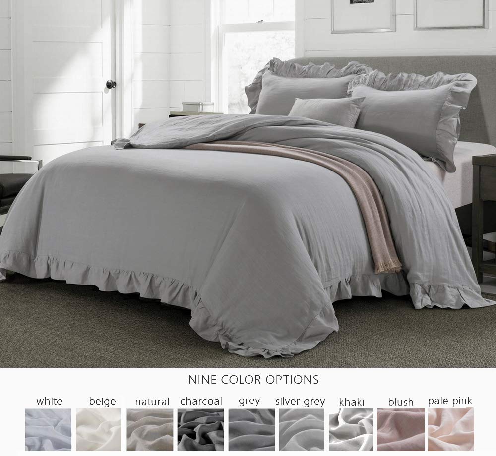 meadow park 100% Stone Washed French Linen Duvet Cover Set 3 Pieces, Full/Queen 90 inches x 92 inches, Shams 20 inches x 26 inches, Ruffled Style, Button Closure, Corner Ties, Super Soft, Grey Color