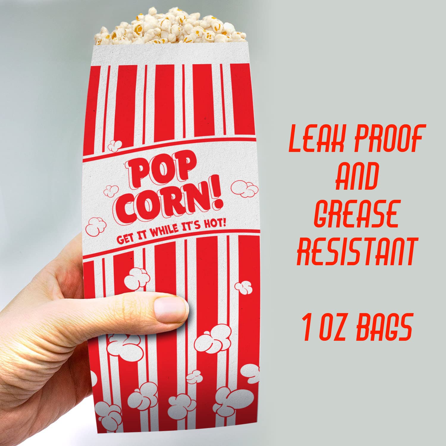 Retro, Grease Resistant Popcorn Bags 50 Pack. Single Serving 1oz Paper Sleeves in Nostalgic Red/White Design Movie Theme Party and Old Fashioned Carnivals & Fundraisers Old School Supplies