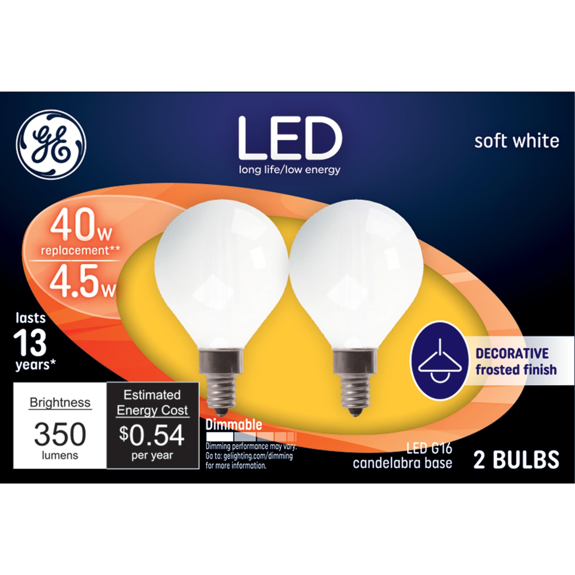 GE LED Light Bulbs, 40 Watt, Soft White, G16 Globe Bulbs, Small Base 2 Count (Pack of 1)