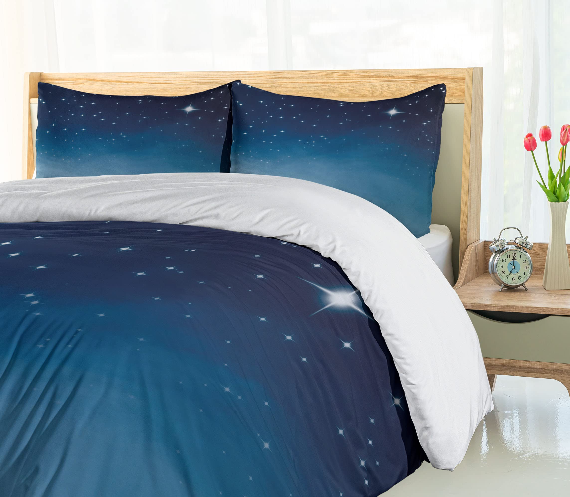 Ambesonne Night Duvet Cover Set, Ombre Inspired Sky Vibrant Stars Universe Astronomy Exploration, Decorative 2 Piece Bedding Set with 1 Pillow Sham, Twin Size, Pale Blue Dark Blue