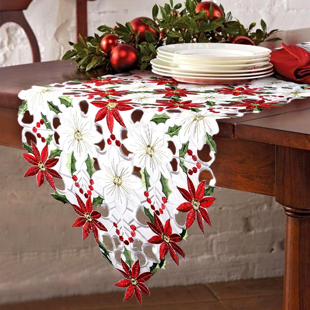 OurWarm Christmas Embroidered Table Runners Poinsettia Holly Leaf Table Linens for Christmas Decorations 15 x 70 Inch