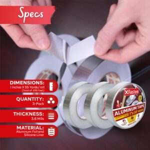 XFasten Aluminum Foil Tape for Ductwork 1 Inch x 55 Yards 3-Pack (495 Feet) 3.6mil Aluminum Tape for Ductwork Heavy Duty Dryer Vent Tape Foil and Seal HVAC Tape for Ducts, High Temp HVAC Duct Tape