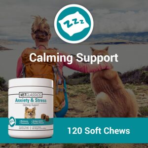 Vet Classics Anxiety & Stress Dog Supplement – Helps Reduce Dog Stress – Includes Botanicals for Calming Dog Behavior, Pet Nervousness – Melatonin, Chamomile, Ginkgo Biloba – Soft Chews 120 Ct.