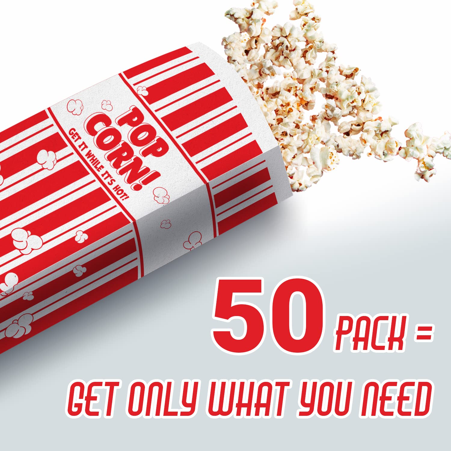 Retro, Grease Resistant Popcorn Bags 50 Pack. Single Serving 1oz Paper Sleeves in Nostalgic Red/White Design Movie Theme Party and Old Fashioned Carnivals & Fundraisers Old School Supplies