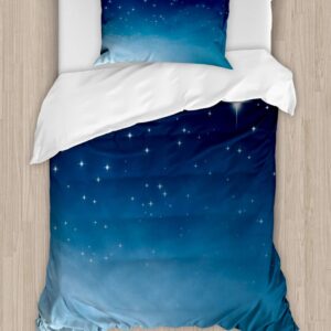 Ambesonne Night Duvet Cover Set, Ombre Inspired Sky Vibrant Stars Universe Astronomy Exploration, Decorative 2 Piece Bedding Set with 1 Pillow Sham, Twin Size, Pale Blue Dark Blue