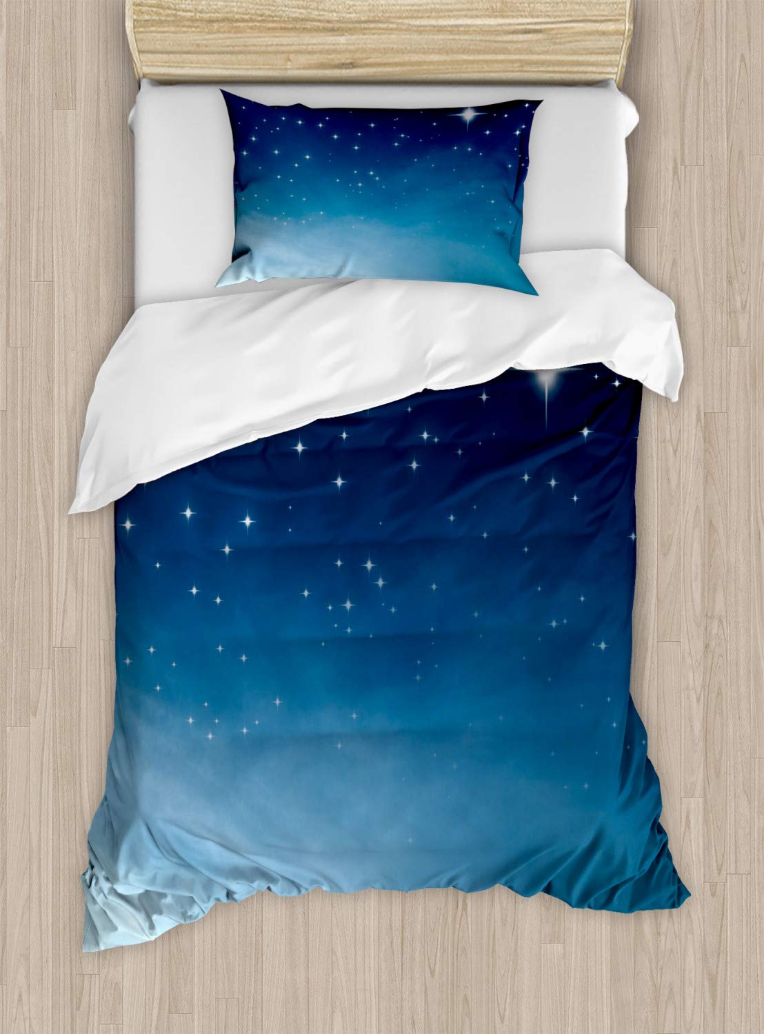 Ambesonne Night Duvet Cover Set, Ombre Inspired Sky Vibrant Stars Universe Astronomy Exploration, Decorative 2 Piece Bedding Set with 1 Pillow Sham, Twin Size, Pale Blue Dark Blue