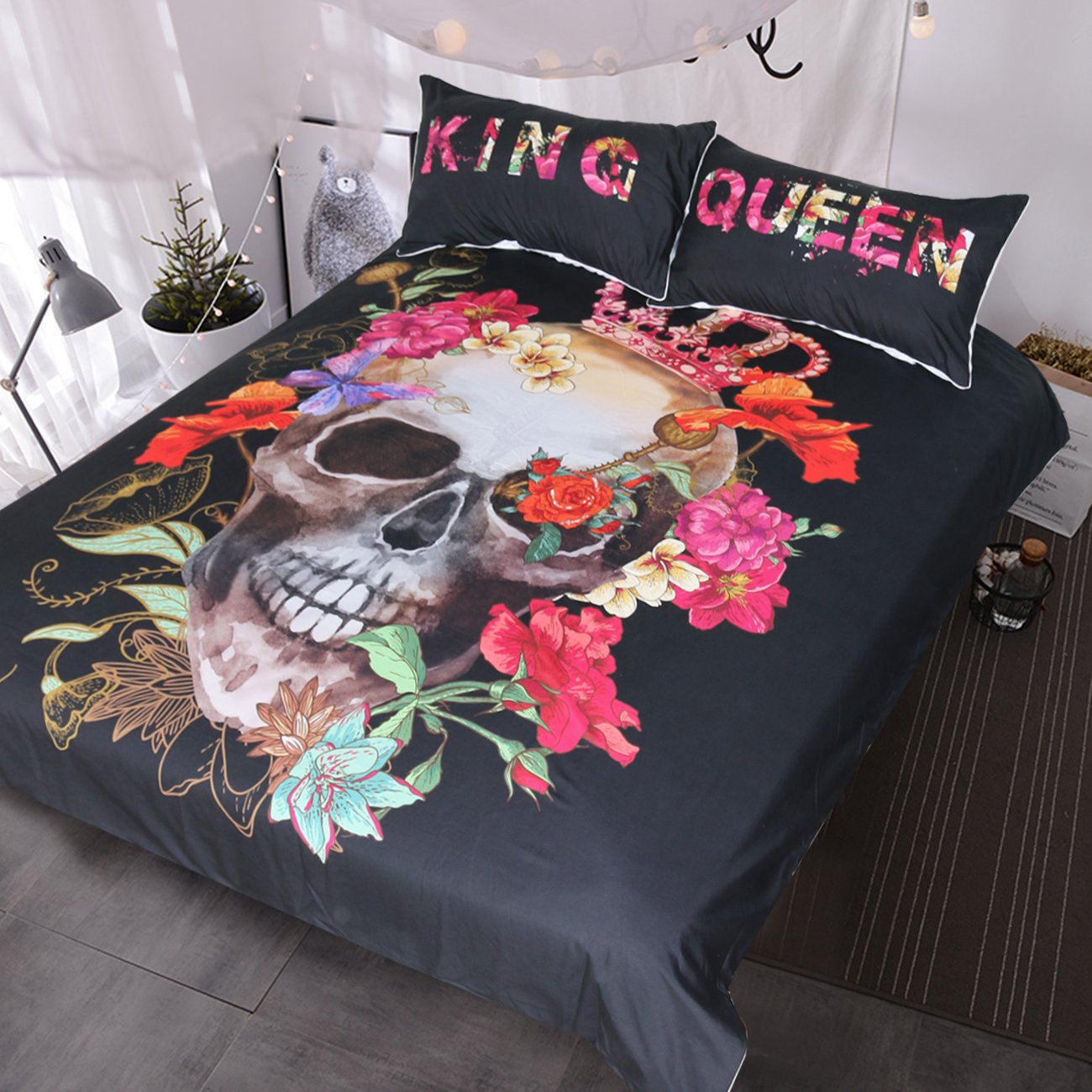 BlessLiving Skull Roses Bedding Queen Size 3 Pieces Sugar Skull Duvet Cover with 2 Queen and King Print Pillow Cases Couples Bedding Skull Bedset