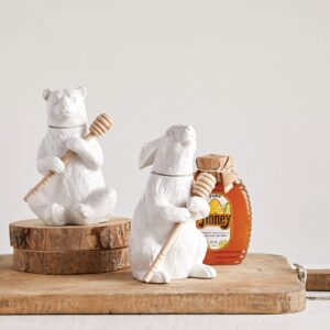 Creative Co-Op White Bear Shaped Honey Pot with Lid & Bamboo Dipper