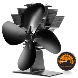 cwlakon wood stove fan heat powered - upgrade designed silent operation 4 blades with stove thermometer, fireplace fan for gas/pellet/wood burning stove-eco friendly and efficient heat distribution