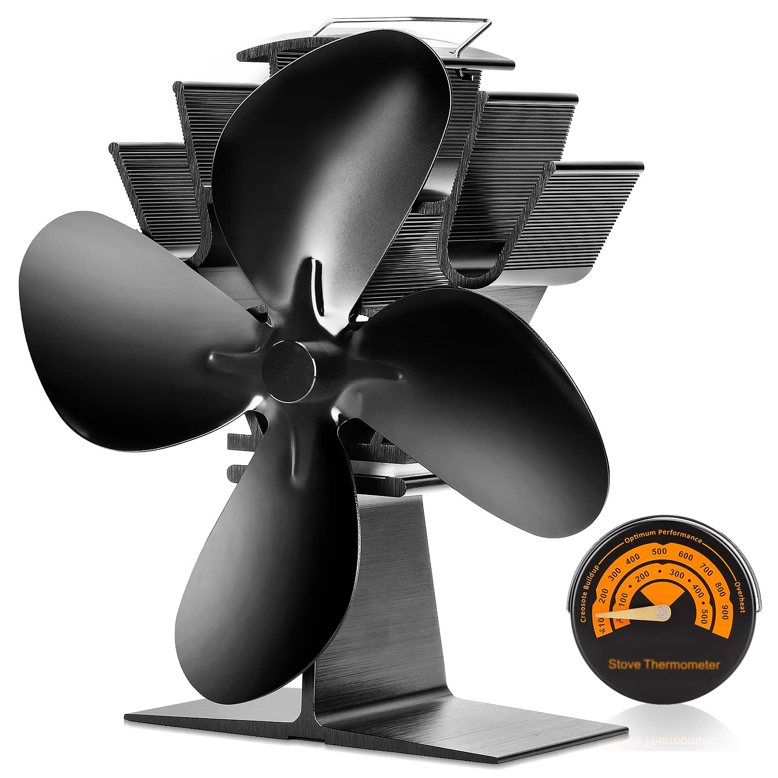 CWLAKON Wood Stove Fan Heat Powered - Upgrade Designed Silent Operation 4 Blades with Stove Thermometer, Fireplace Fan for Gas/Pellet/Wood Burning Stove-Eco Friendly and Efficient Heat Distribution