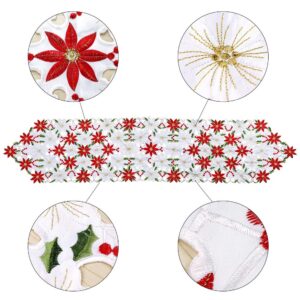 OurWarm Christmas Embroidered Table Runners Poinsettia Holly Leaf Table Linens for Christmas Decorations 15 x 70 Inch