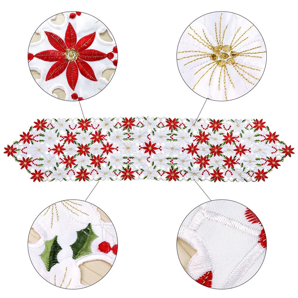 OurWarm Christmas Embroidered Table Runners Poinsettia Holly Leaf Table Linens for Christmas Decorations 15 x 70 Inch