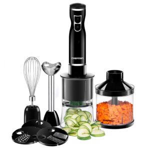 chefman electric spiralizer & immersion blender/vegetable slicer 6-in-1 food prep combo kit, includes 3 spiralizing blade attachments, zoodle maker; grate, ribbon, spiral, blend, chop, and puree