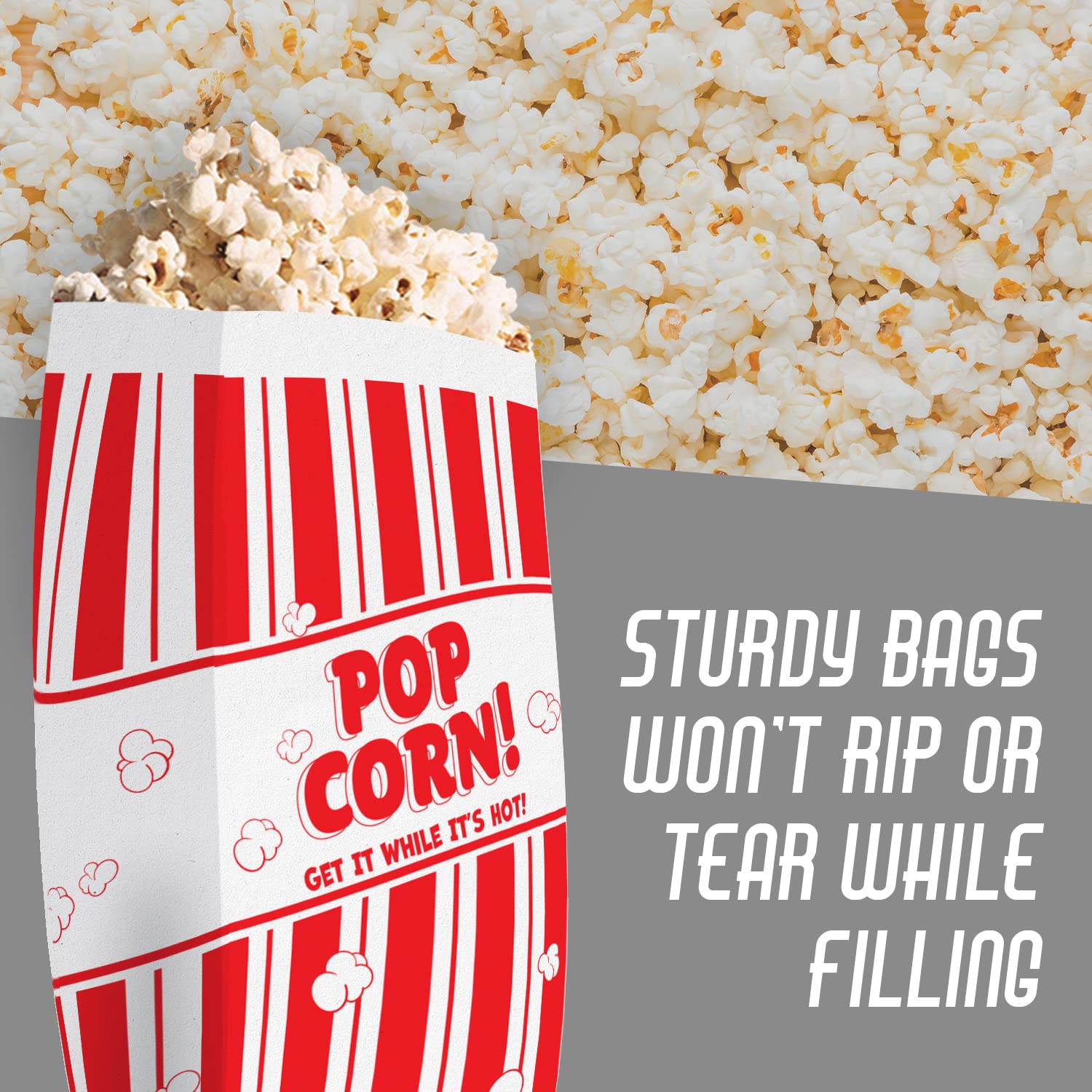 Retro, Grease Resistant Popcorn Bags 50 Pack. Single Serving 1oz Paper Sleeves in Nostalgic Red/White Design Movie Theme Party and Old Fashioned Carnivals & Fundraisers Old School Supplies