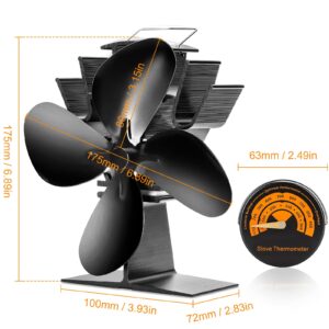 CWLAKON Wood Stove Fan Heat Powered - Upgrade Designed Silent Operation 4 Blades with Stove Thermometer, Fireplace Fan for Gas/Pellet/Wood Burning Stove-Eco Friendly and Efficient Heat Distribution